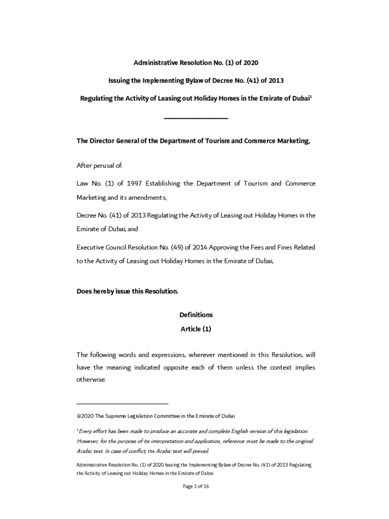 DTCM Holiday Homes Administrative Resolution No 1 of 2020 - English ...