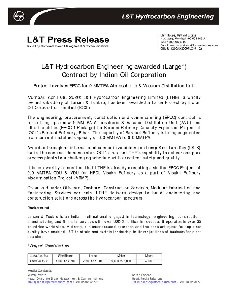 2020 04 08 LT Hydrocarbon Engineering Awarded Large Contract by Indian ...