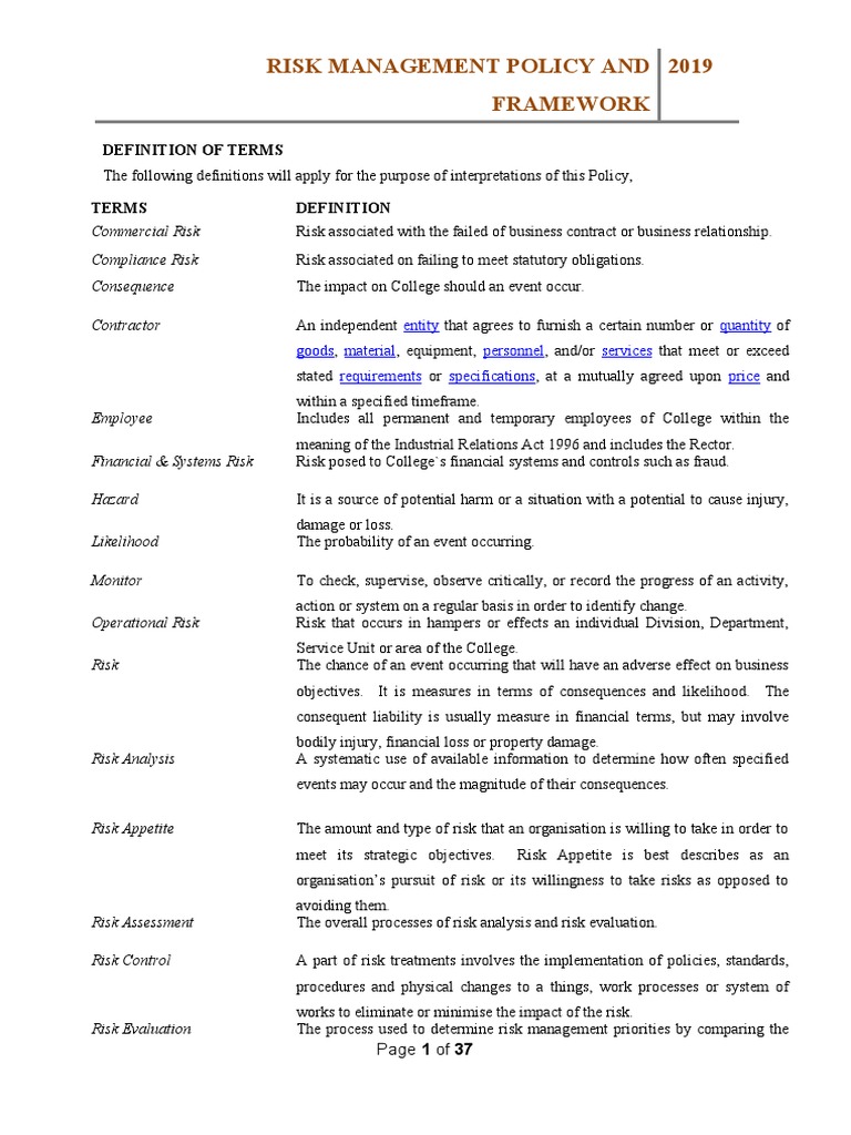 Risk Management Policy and Framework | PDF | Risk Management | Internal ...