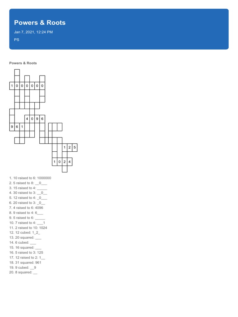Powers and Roots Math Problems | PDF