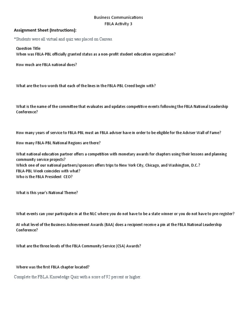 Assignment Sheet (Instructions) :: Business Communications FBLA Activity 3 | PDF