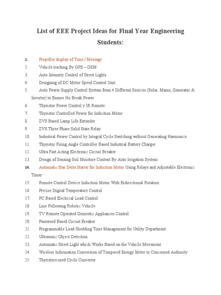 List of EEE Project Ideas For Final Year Engineering Students | PDF ...