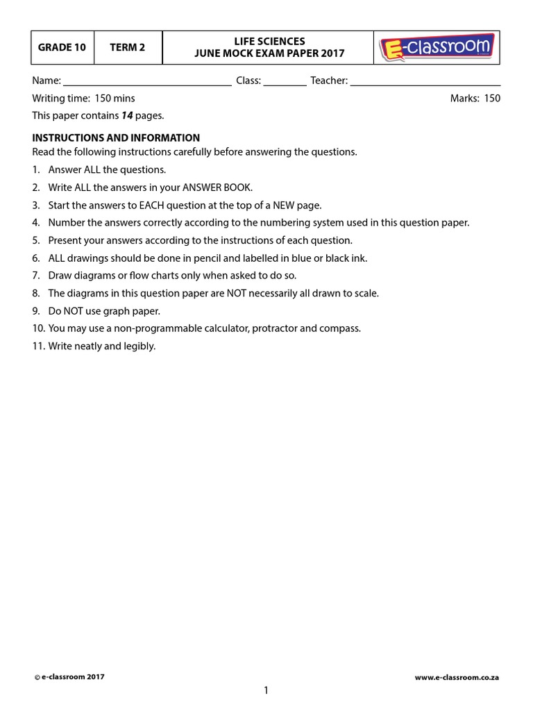 Grade 10 - Life Science - June Exam (2017) - Memo | PDF | Leaf | Bone