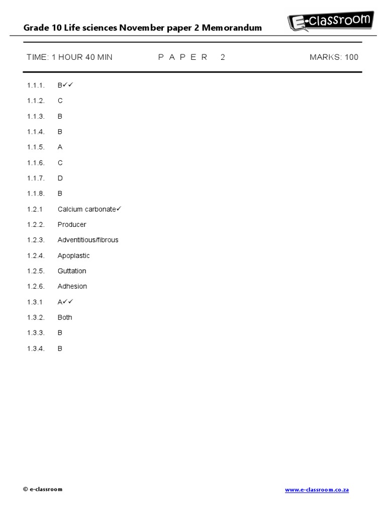 Grade 10 - Life Science - November Paper 2-2 - Memo | PDF ...