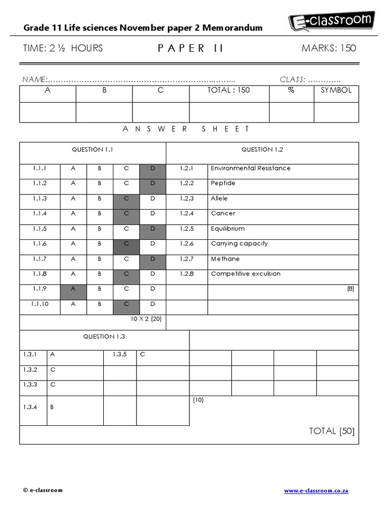 Grade 11 - Life Science - November Paper 2-1 - Memo | PDF | Dna | Meiosis