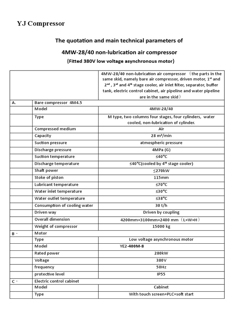 4MW-28-40 Non-Lubrication Air Compressor QUOTATION | PDF | Engines | Applied And ...
