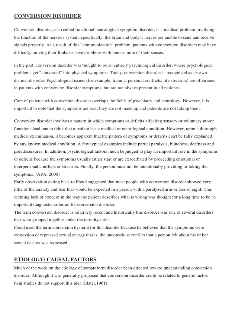 Conversion Disorder: Etiology/ Causal Factors | PDF | Symptom | Mental ...