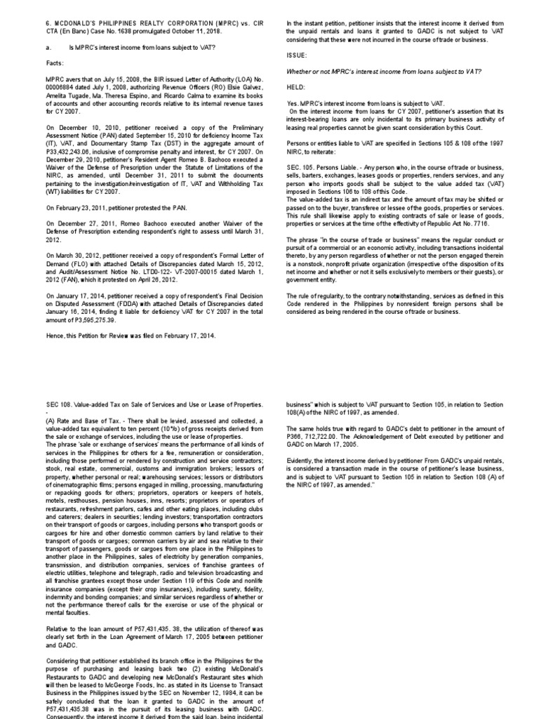MCDONALD'S PHILIPPINES REALTY CORPORATION (MPRC) vs. CIR | PDF | Value ...