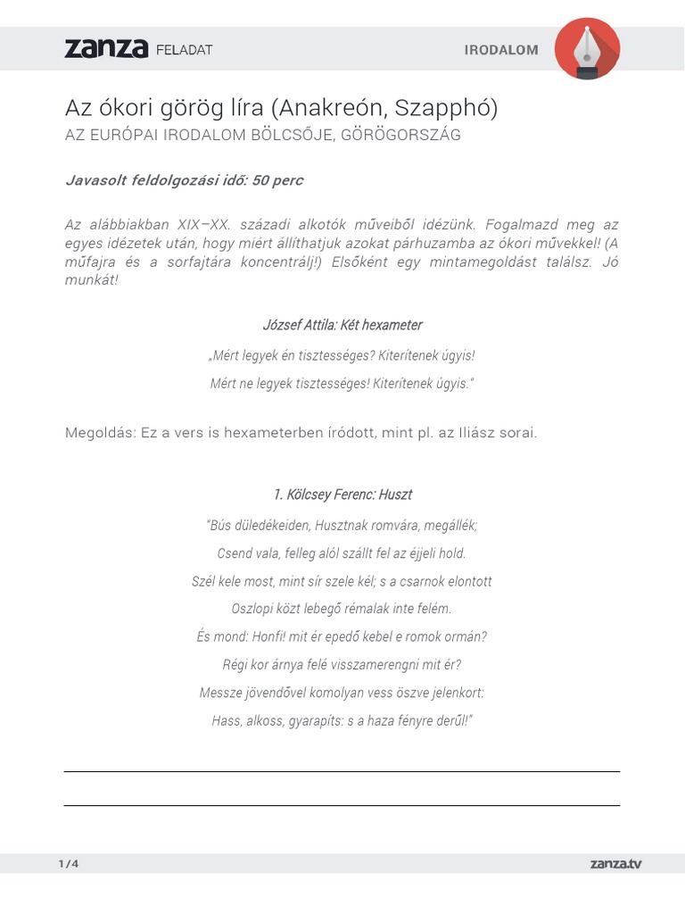 5 Irodalom Feladatlap 1 | PDF