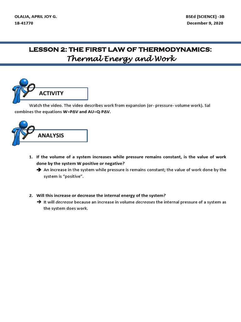 Thermal Energy and Work: Lesson 2: The First Law of Thermodynamics ...