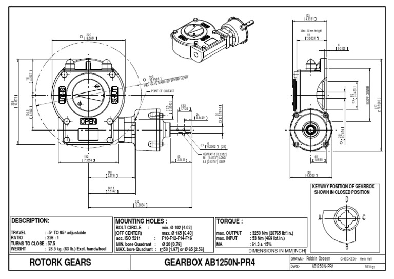 Rotork Gears Gearbox Ab1250N-Pr4: Torque: Mounting Holes: Description ...
