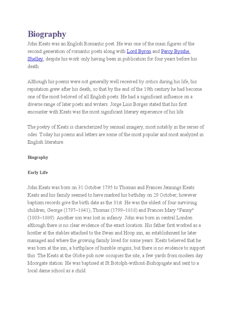 John Keats Biography | PDF | John Keats | Poetry