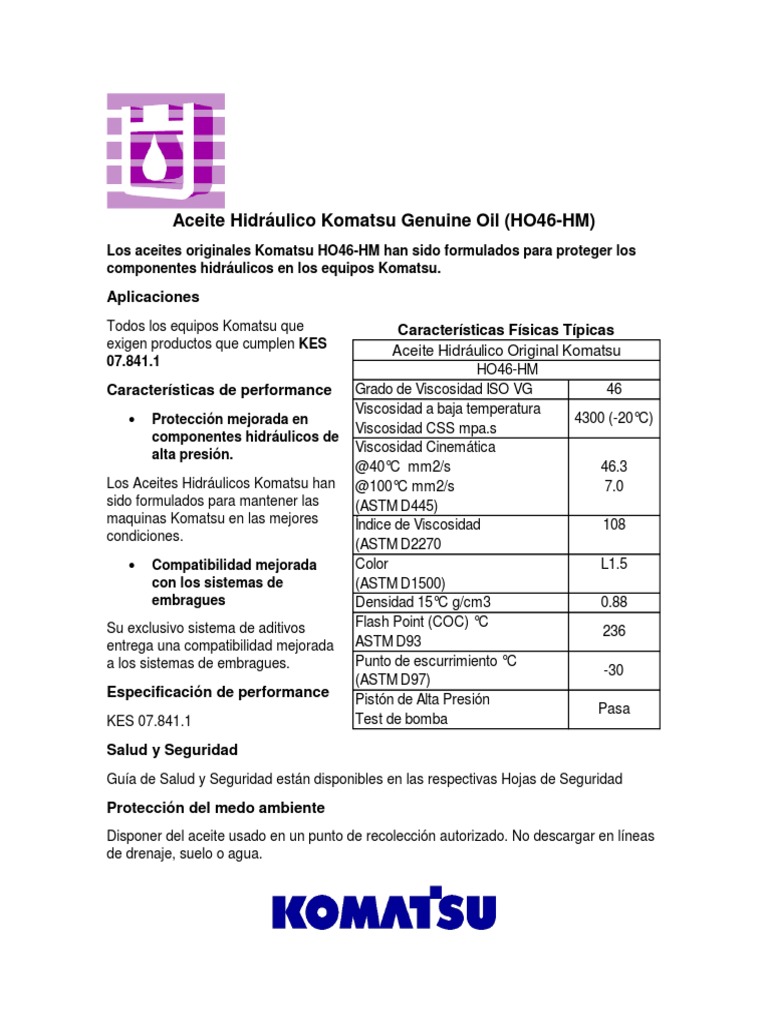Aceite Hidráulico Komatsu Genuine Oil (HO46-HM) | PDF