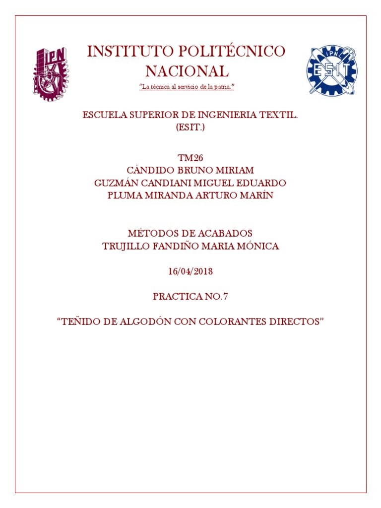 Practica 7 Teñido Colorantes Directos. | PDF | Química | Textil Y Ropa
