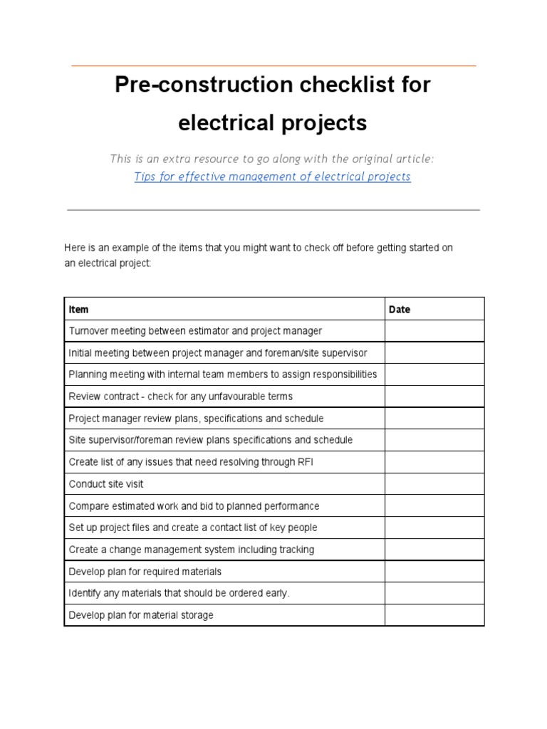 Pre Construction Checklist For Electrical Projects | PDF