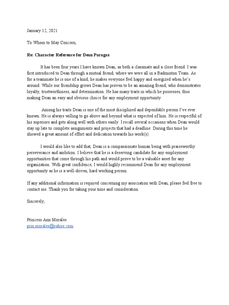 reference letter for dean