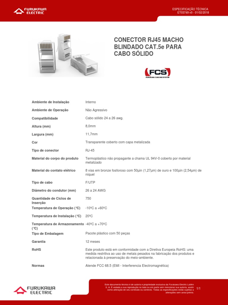 CONECTOR RJ45 MACHO BLINDADO CAT5e PARA CABO SOLIDO PDF | PDF