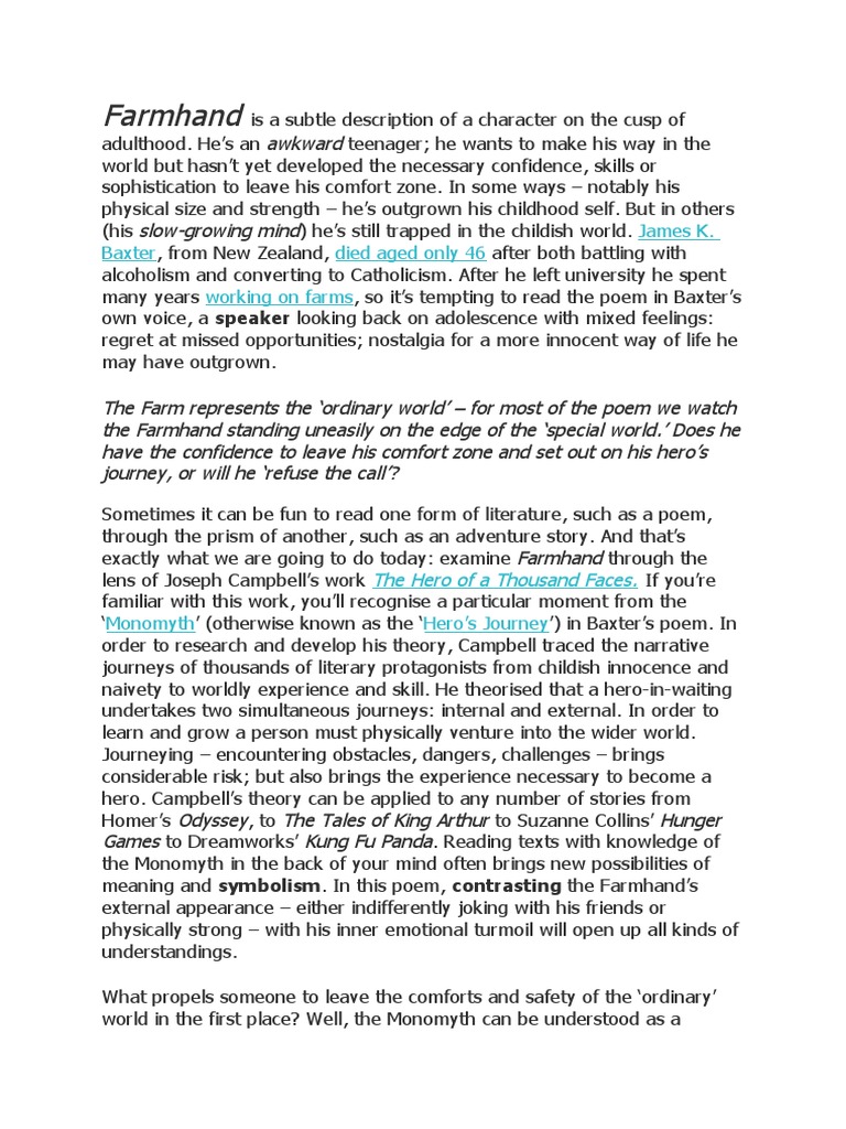 The Farmhand's Hero's Journey: An Analysis of James K. Baxter's poem ...