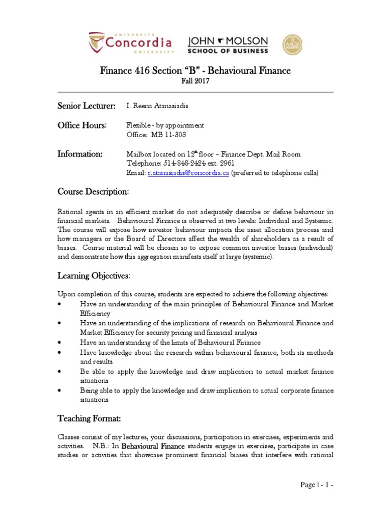 FINA 416 - Course Outline - F 2017 | PDF | Behavioral Economics | Bias