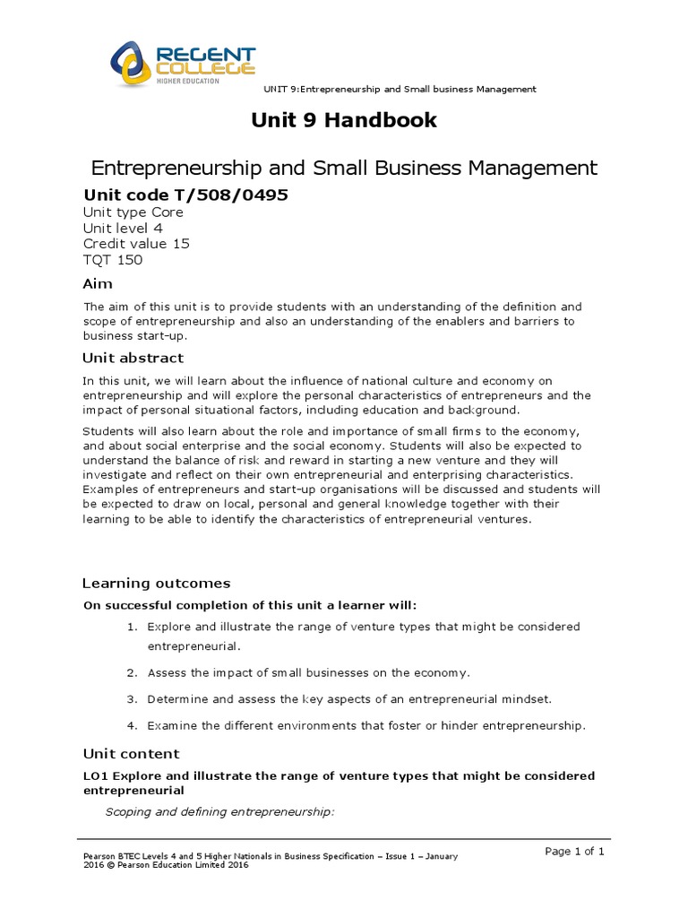 Entrepreneurship and Small Business Management: Unit 9 Handbook ...
