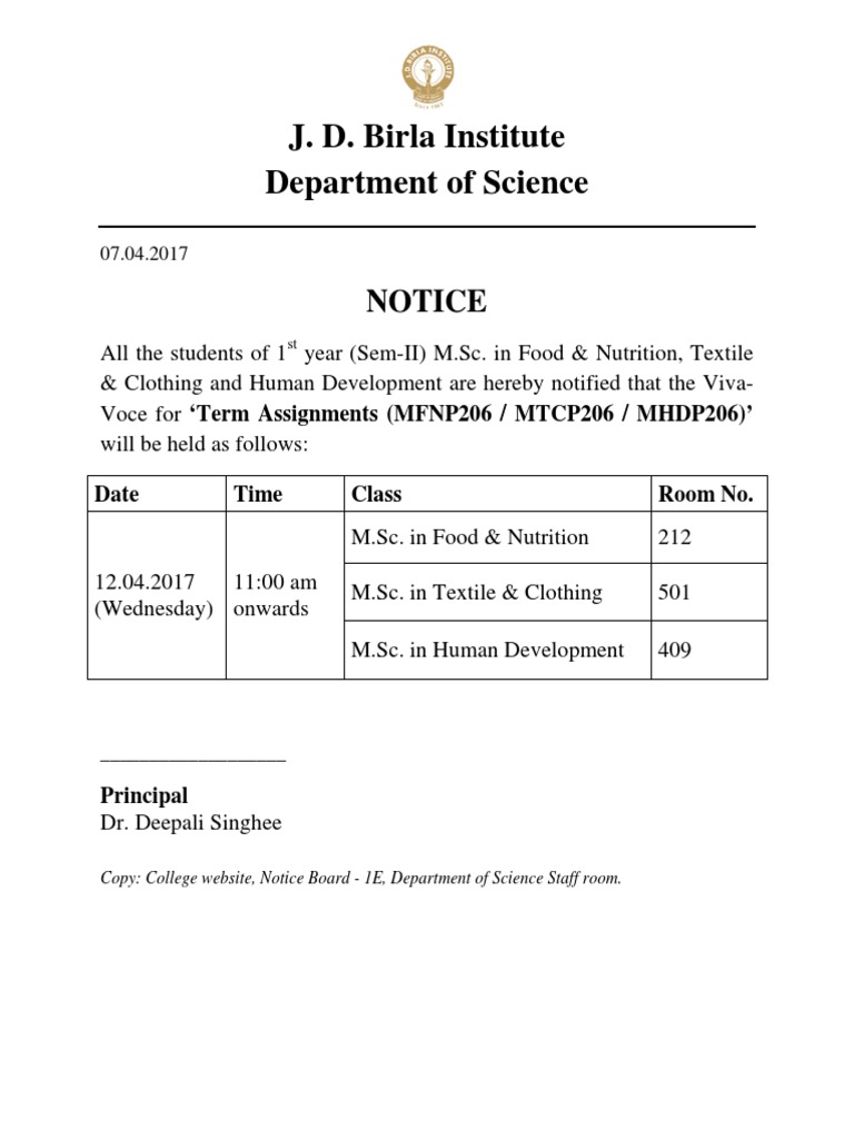 J. D. Birla Institute Department of Science: Notice | PDF | Science ...