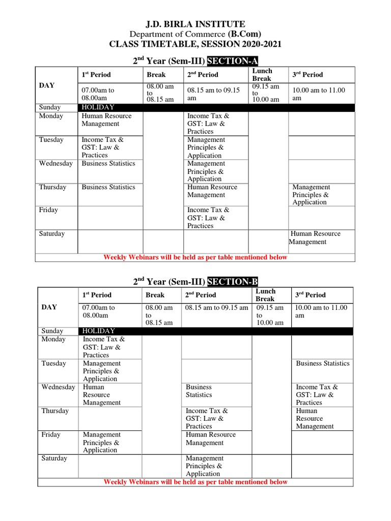 J.D. Birla BCom Timetable | PDF | Taxes | Payments