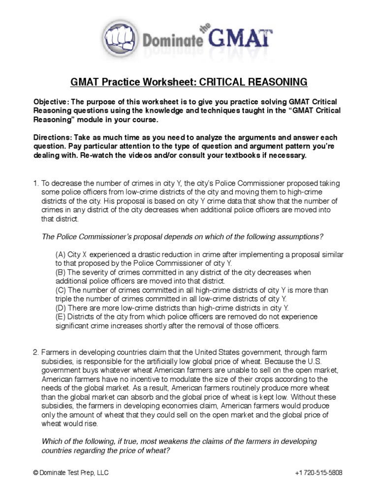 GMAT Worksheet - Critical Reasoning | PDF | Handedness | Subsidy