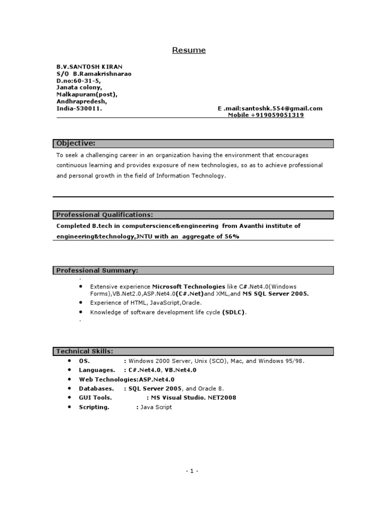 Fresher_Resume | C Sharp (Programming Language) | Java Script
