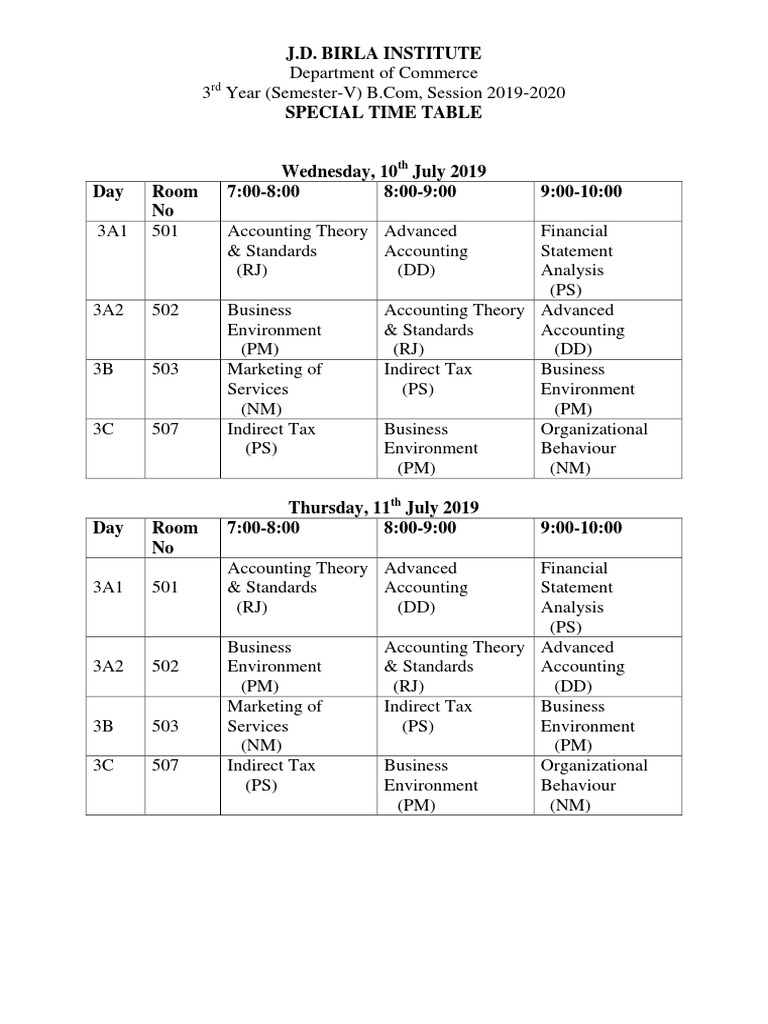 3rd Year B.Com Specal Timetable | PDF | Accounting | Business