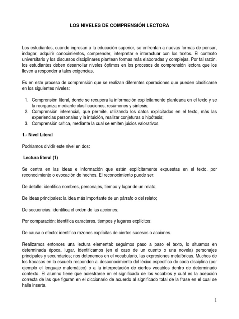 4.los Niveles de Comprension Lectora | PDF | Comprensión lectora | Cognición