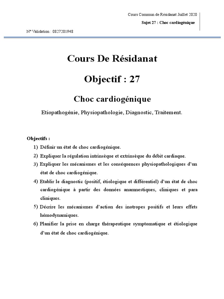 Choc Cardiogénique : Définition et Diagnostic | PDF | Cœur | Infarctus ...