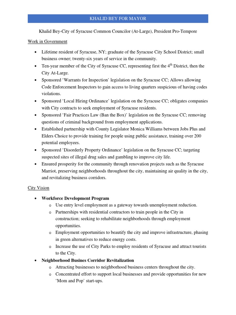 Khalid Bey Resume and Platform | PDF | Syracuse | Employment