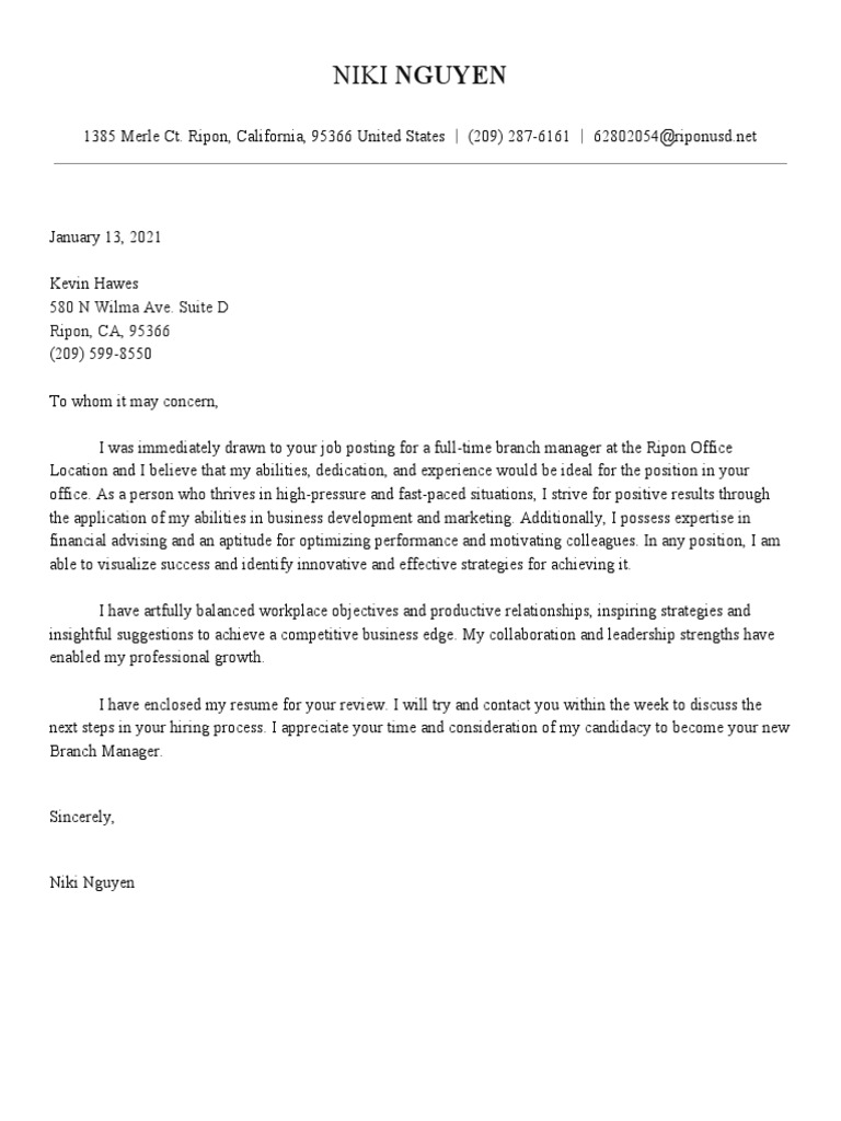 Branch Manager Cover Letter | PDF