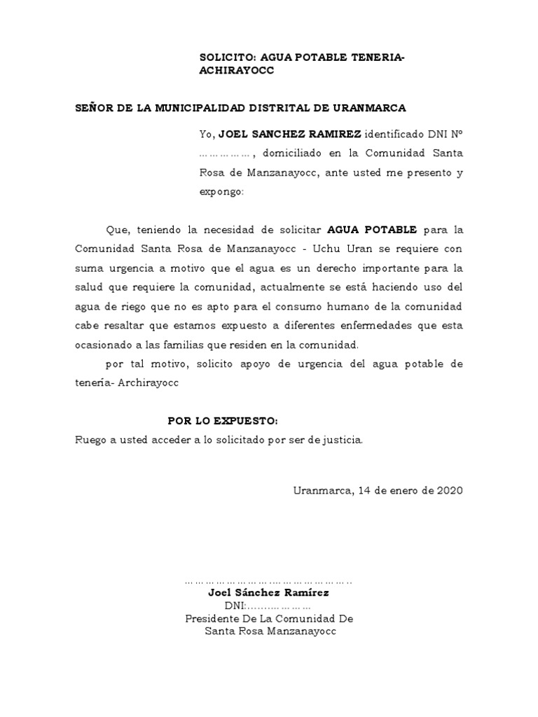 Solicitud de Agua Potable | PDF