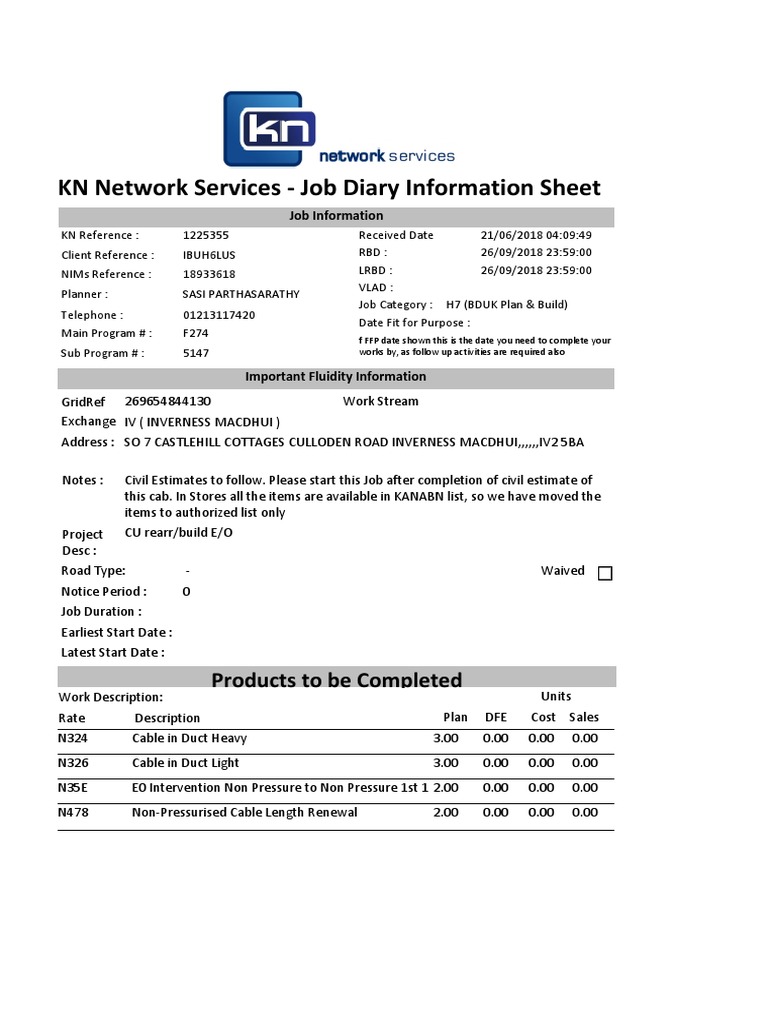 KN Network Services - Job Diary Information Sheet: Products To Be ...