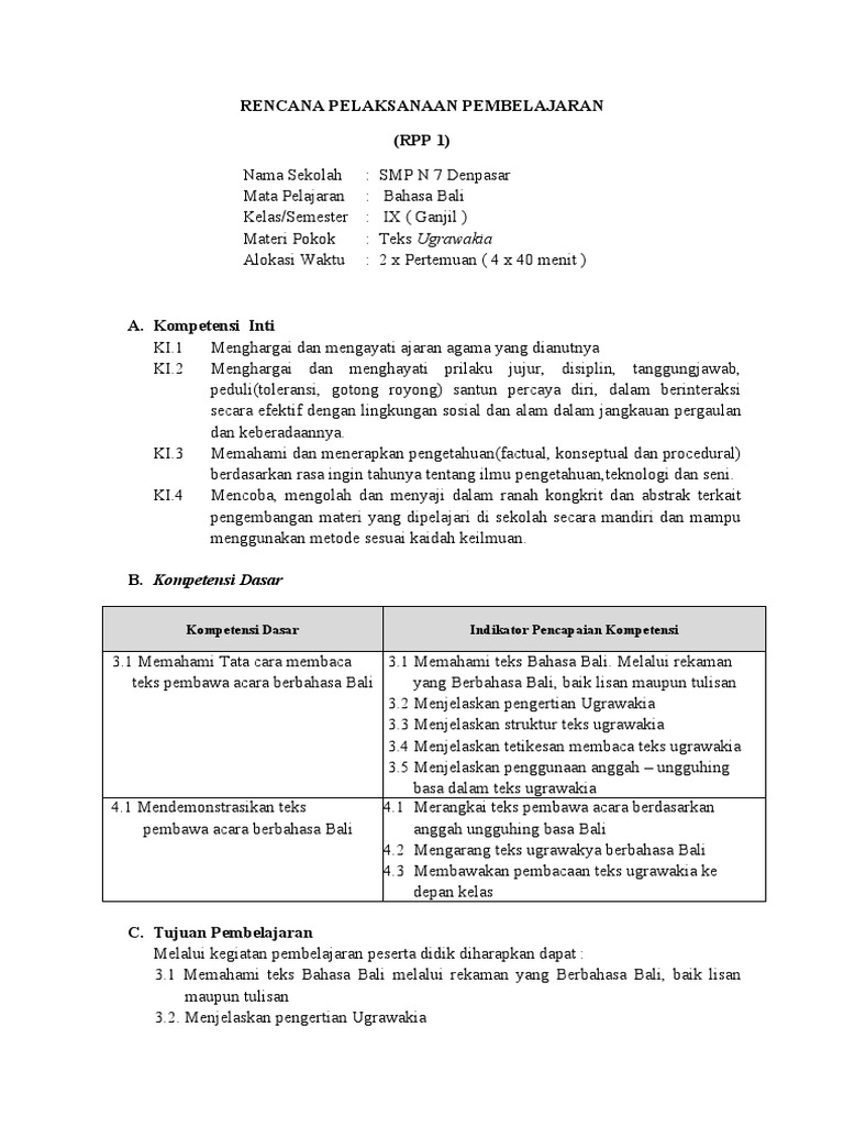 RPP Teks Ugrawakia Bahasa Bali | PDF