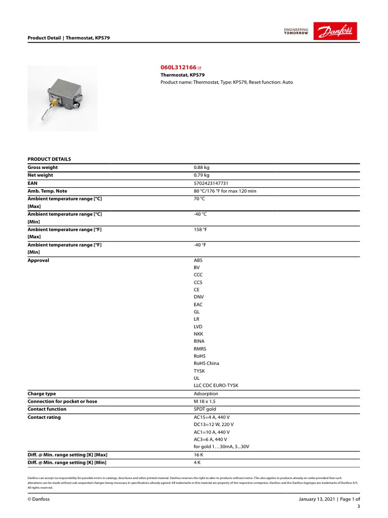 Danfoss Thermostat KPS79 060L312166 PDF | PDF