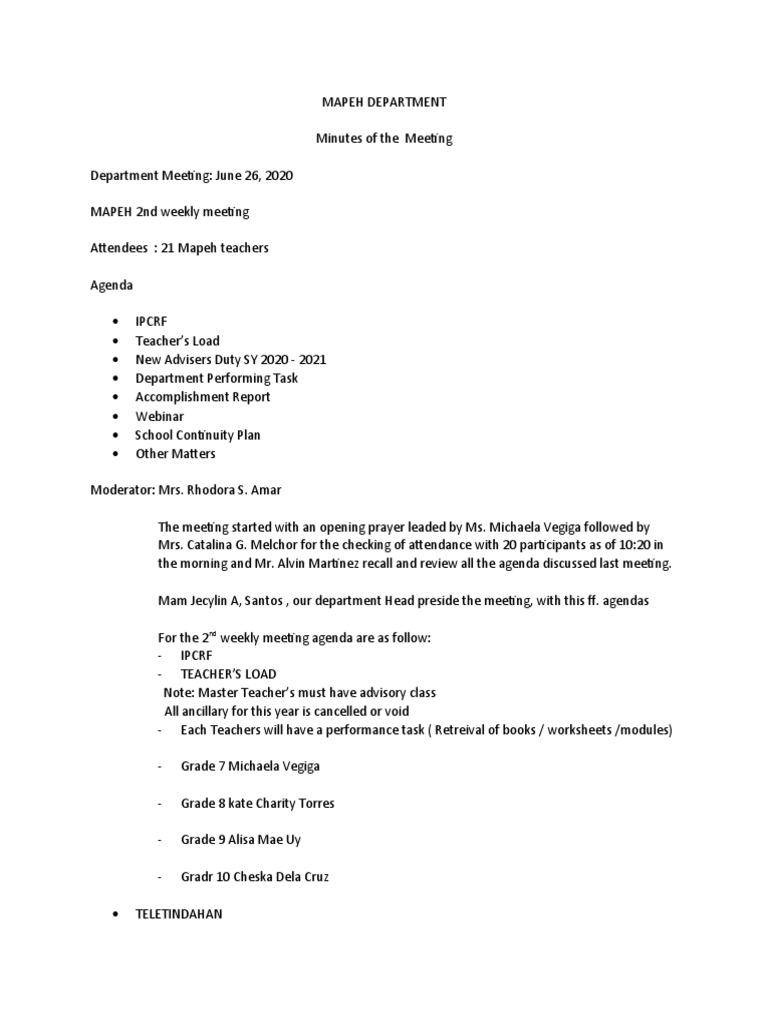 Minutes of Meeting Departamental | PDF | Communication | Learning