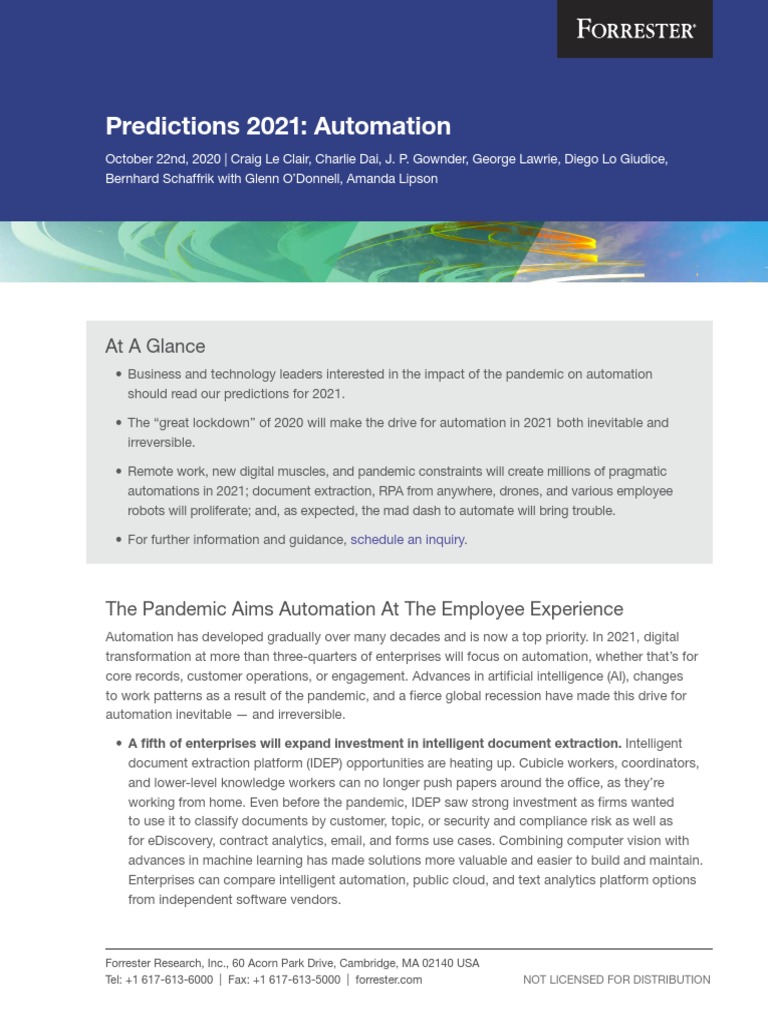 Forrester Report - Predictions 2021 - Automation | PDF | Unmanned ...