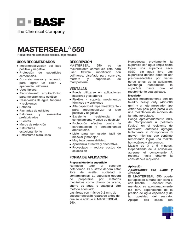 Masterseal 550 | PDF | Revestimiento | Hormigón