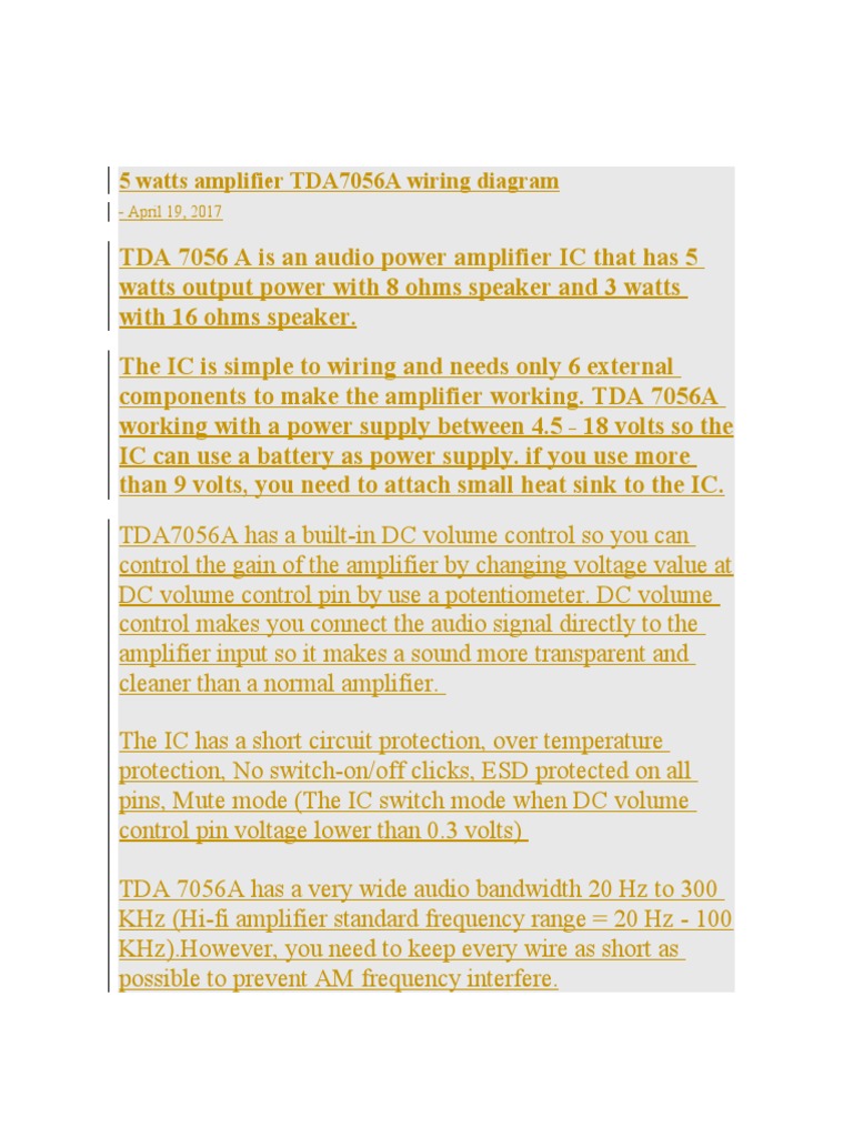 5 Watts Amplifier TDA7056A Wiring Diagram | PDF