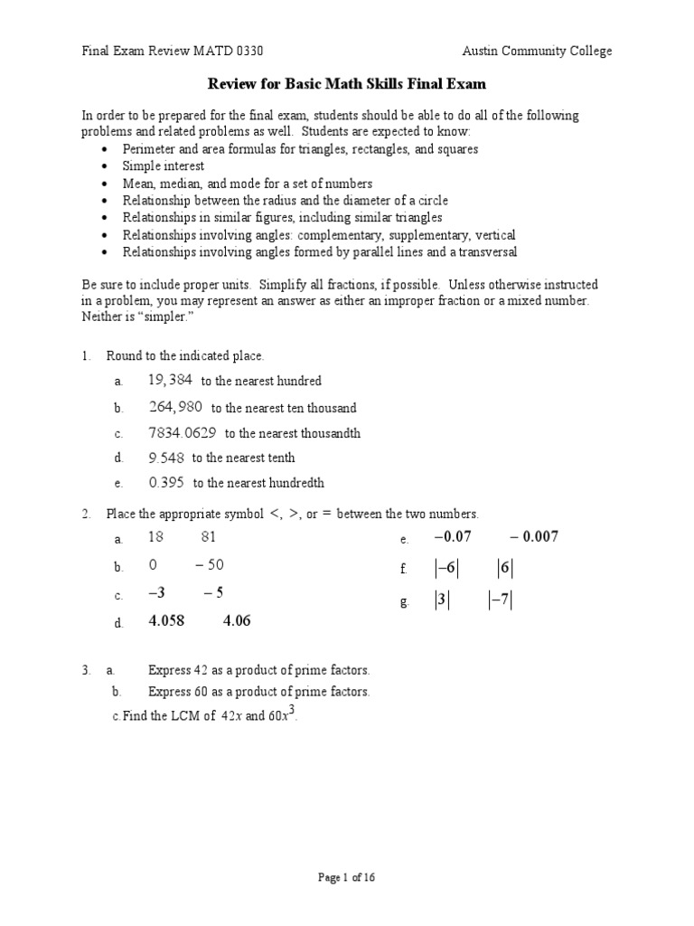 Final Exam Review for Basic Math Skills | PDF | Area | Metrology