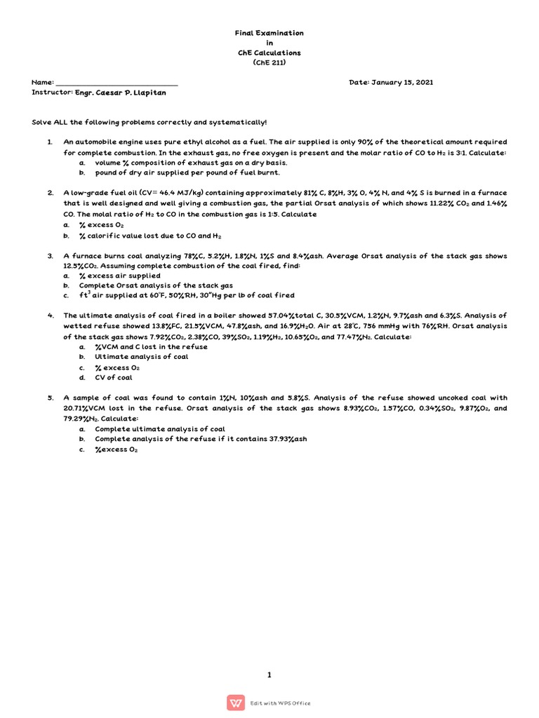 Che 211 - Final Exam 2021 PDF | PDF