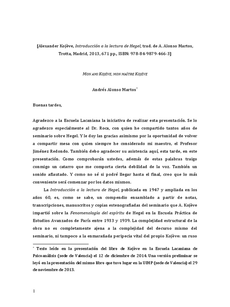 Alexander Kojeve PDF | PDF | Georg Wilhelm Friedrich Hegel | Jacques Lacan