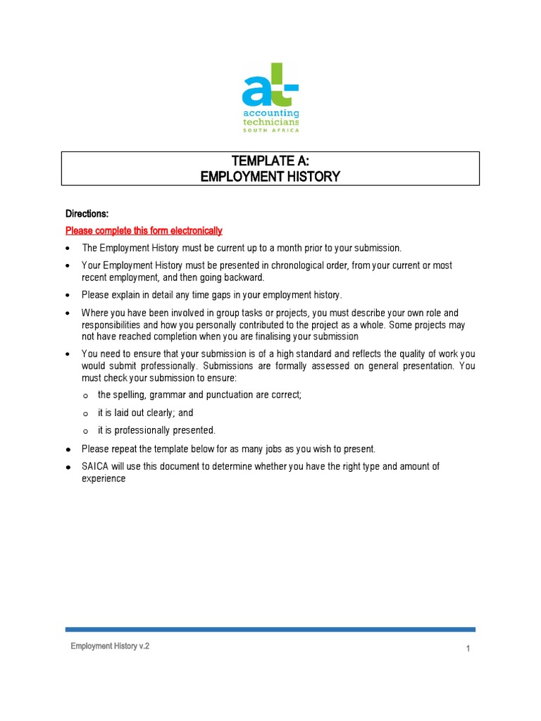 Template A: Employment History: Please Complete This Form ...