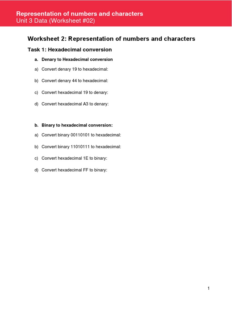 Data Worksheet 2 Representation of Numbers and Characters | PDF | Ascii ...