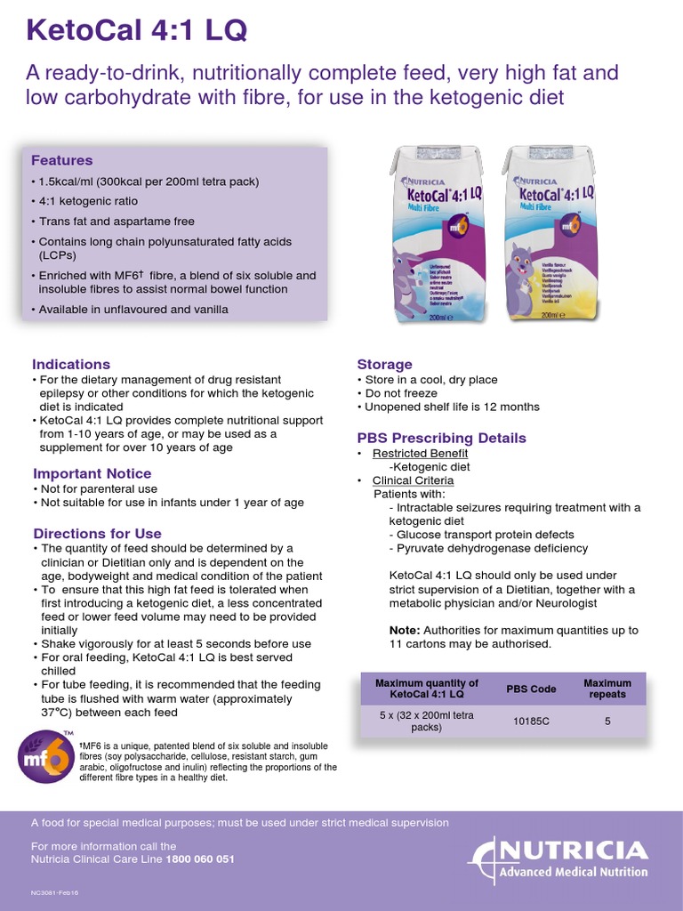 KetoCal 4 1 LQ Fact Sheet AU March 2016 | PDF | Ketogenic Diet | Magnesium