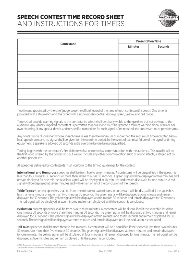 And Instructions For Timers: Speech Contest Time Record Sheet | PDF ...