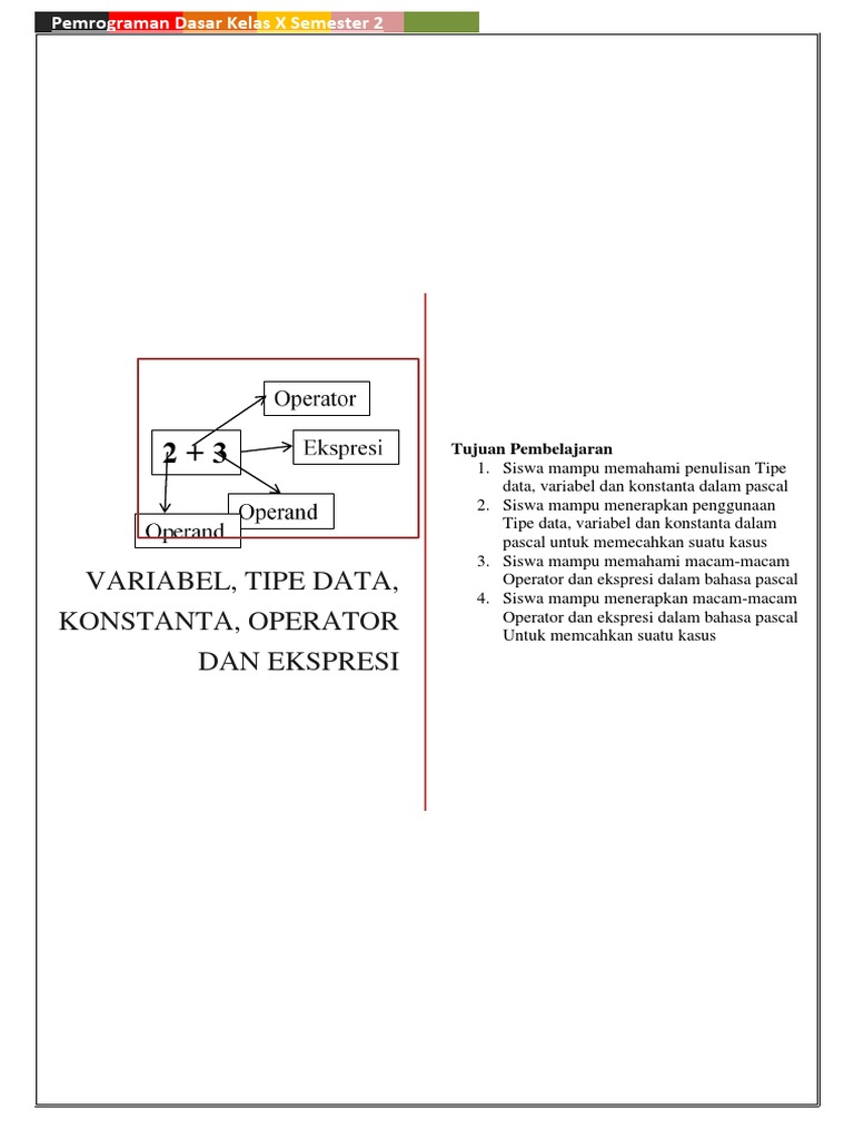 VARIABEL, TIPE DATA, KONSTANTA, OPERATOR DAN EKSPRESI. Pemrograman Dasar Kelas X Semester 2 PDF ...