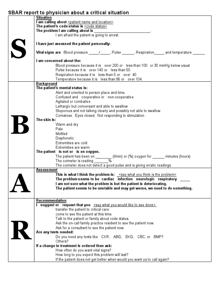SBAR Report To Physician About A Critical Situation | PDF | Physiology ...